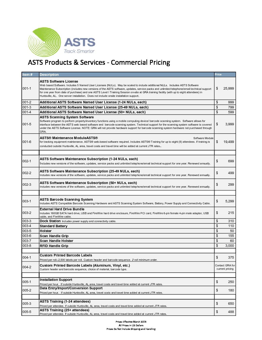 ASTS Commercial Price List | ASTS Inventory Software